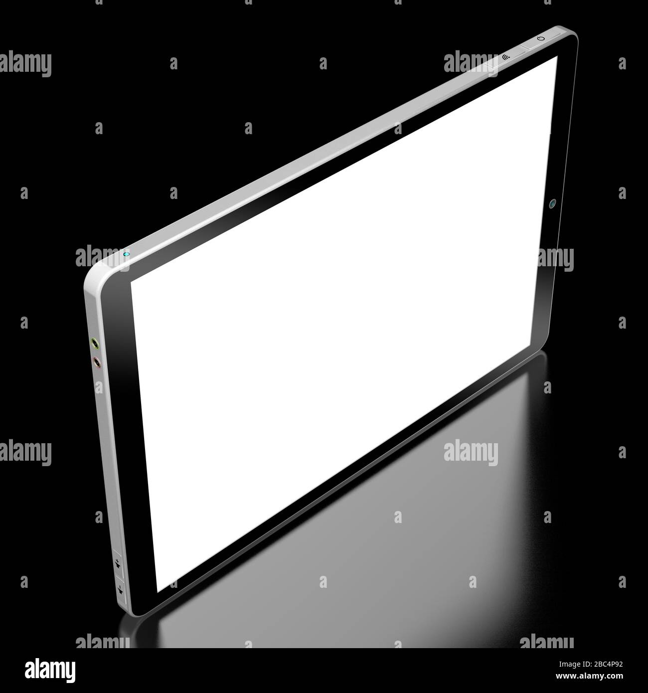 3D brandless tablet with empty screen isolated on black background ...