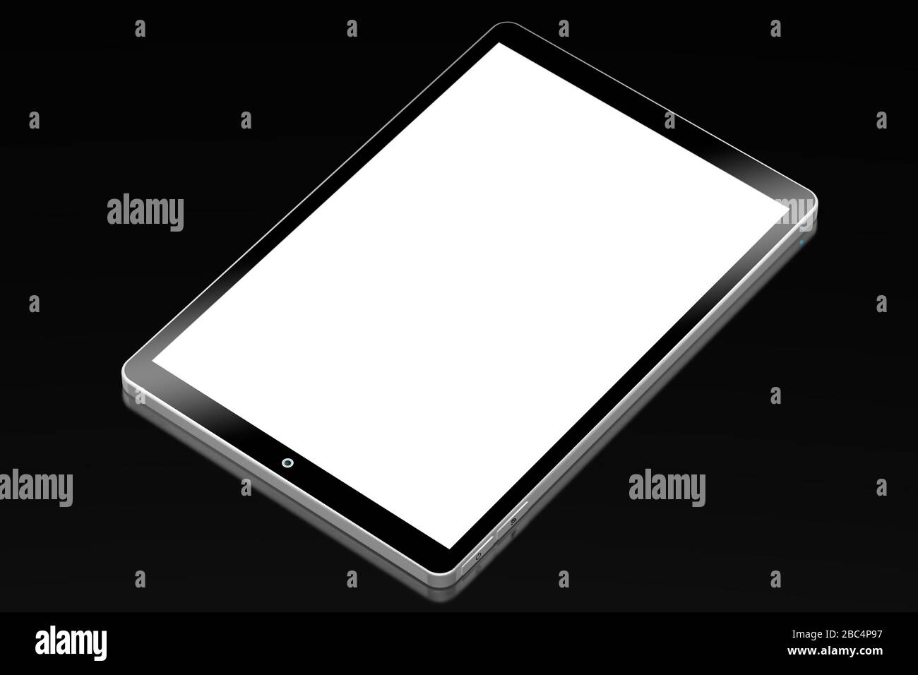 3D brandless tablet with empty screen isolated on black background ...
