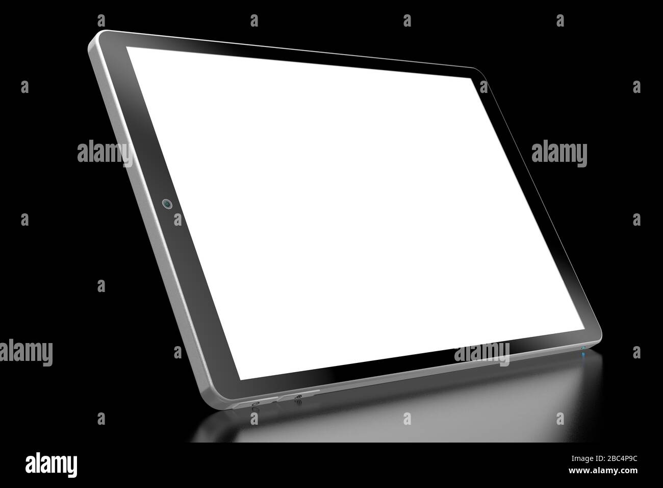 3D brandless tablet with empty screen isolated on black background ...