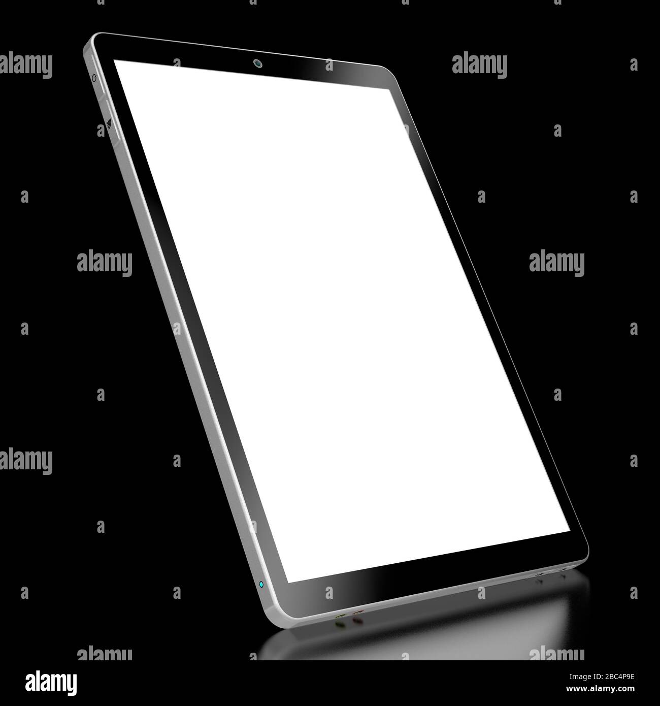 3D brandless tablet with empty screen isolated on black background ...