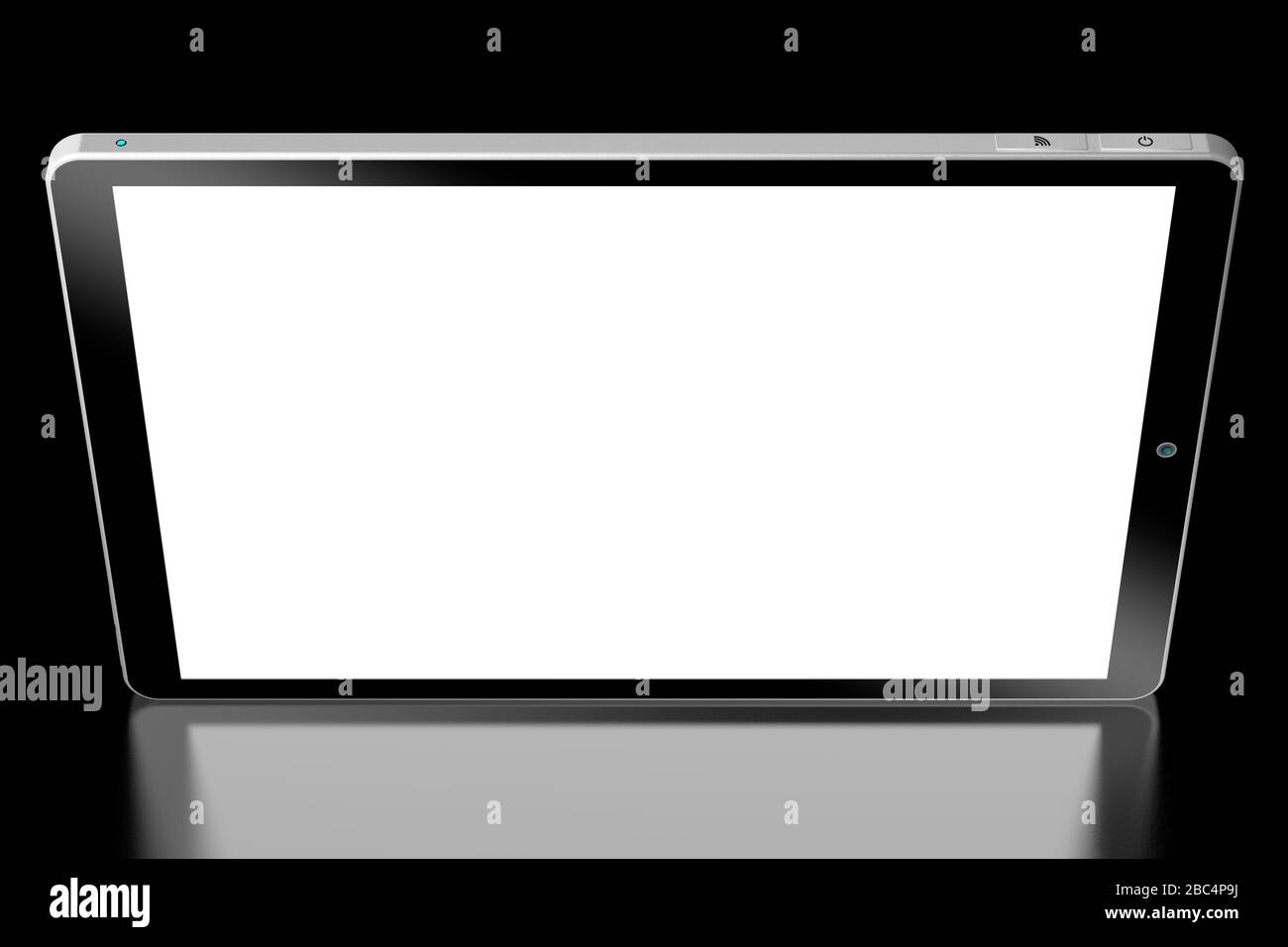 3D brandless tablet with empty screen isolated on black background ...