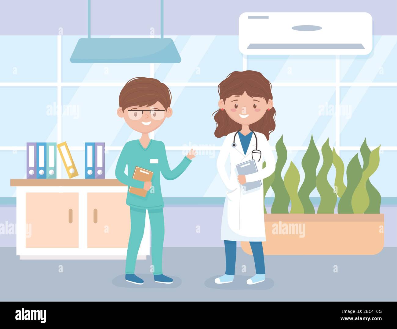 two medical staff professional practitioner in clinic cartoon character ...