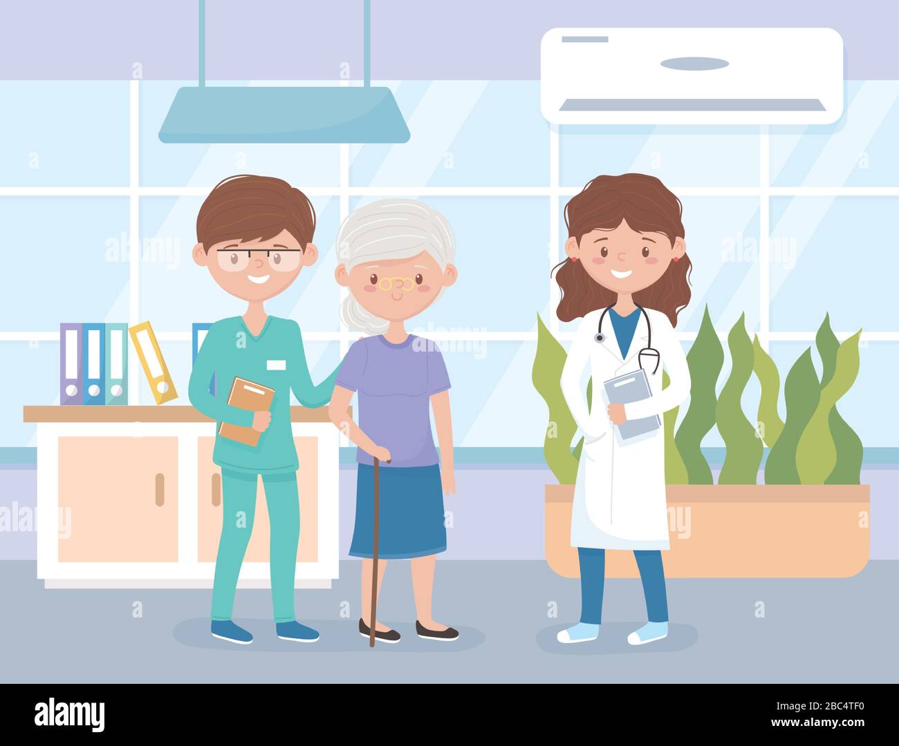 female physician male nurse and old patient woman, medical staff ...