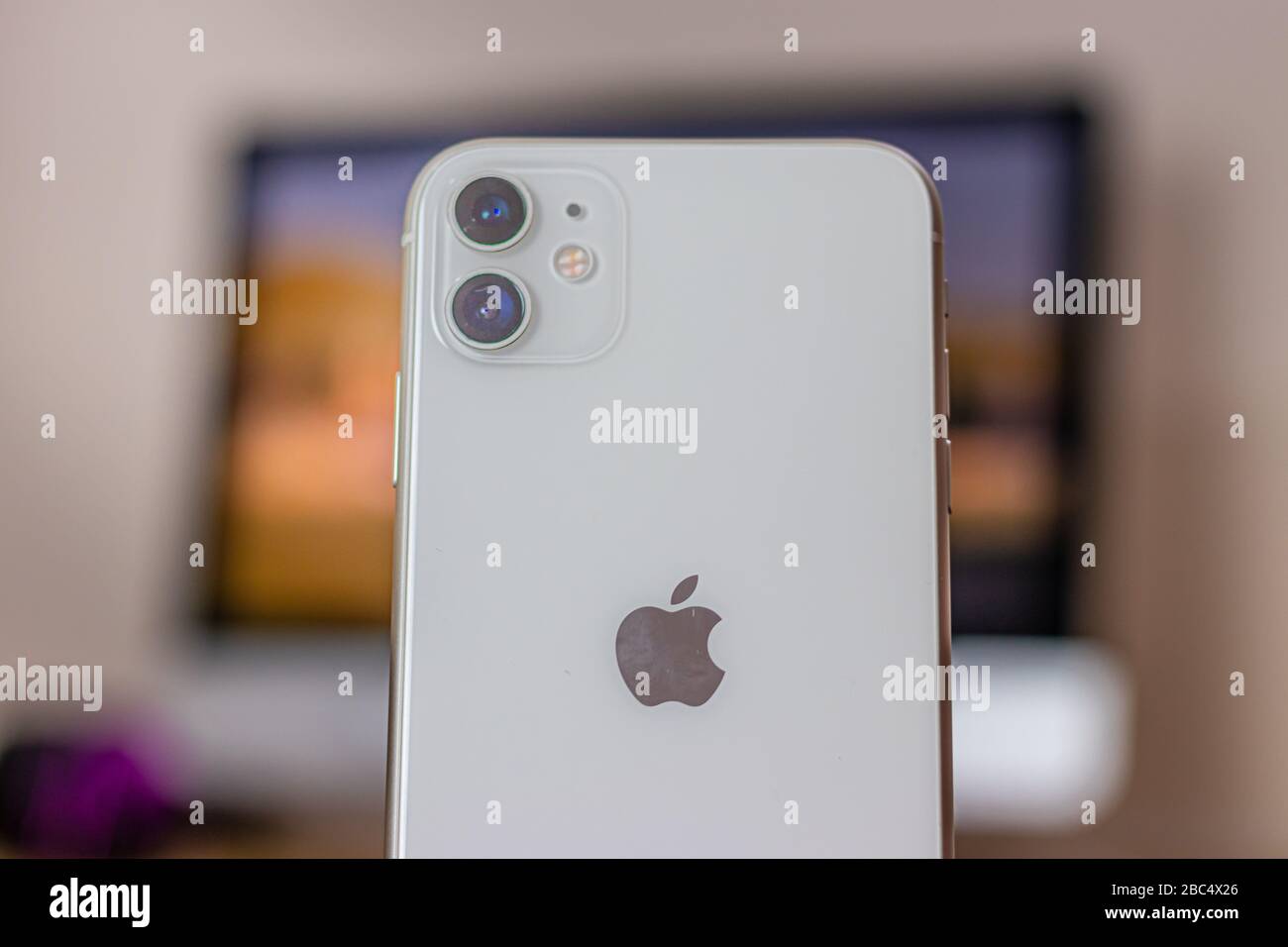 Backside of iPhone 11 white variant holding on hand Stock Photo - Alamy