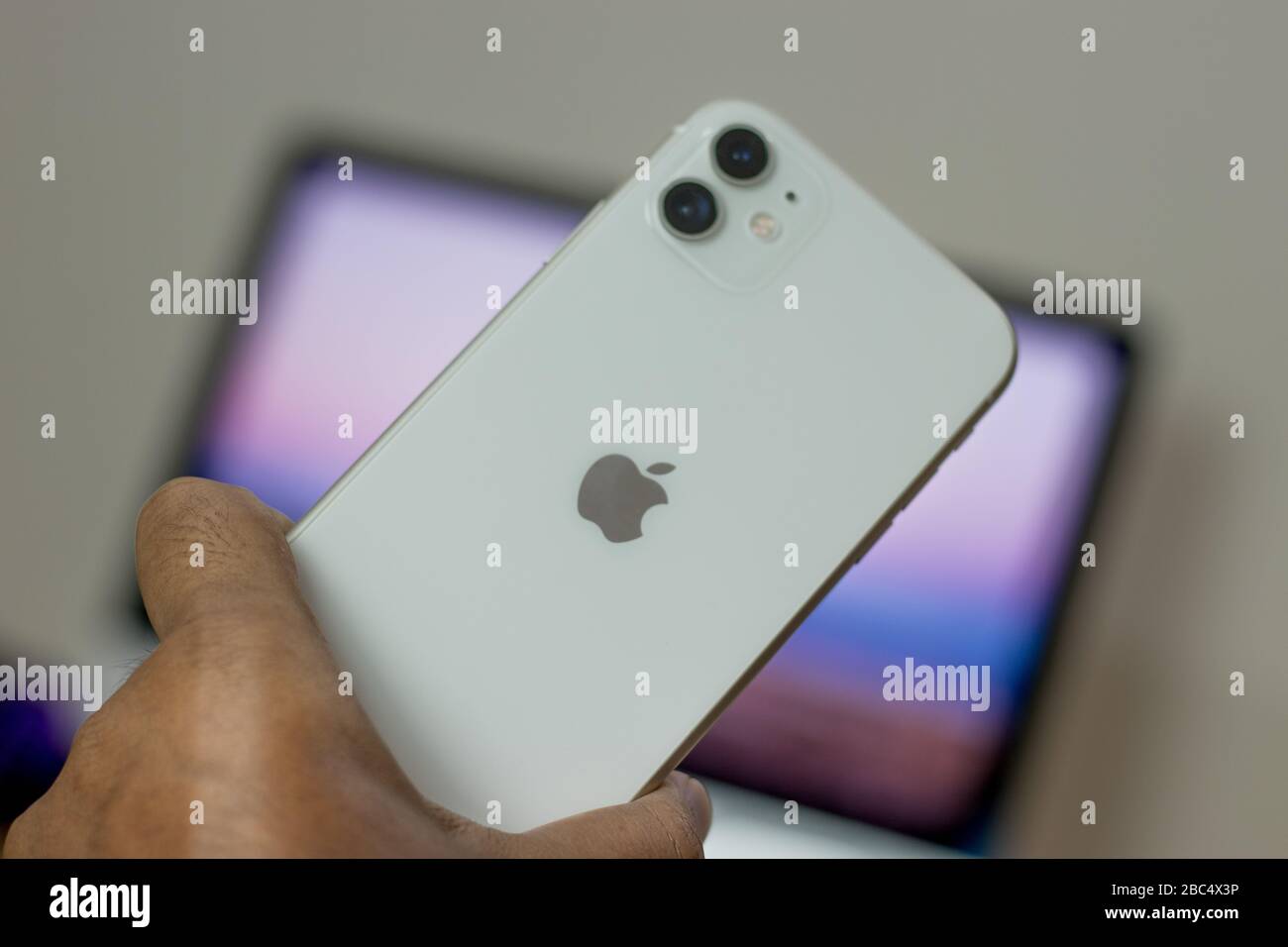 Backside of iPhone 11 white variant holding on hand Stock Photo - Alamy