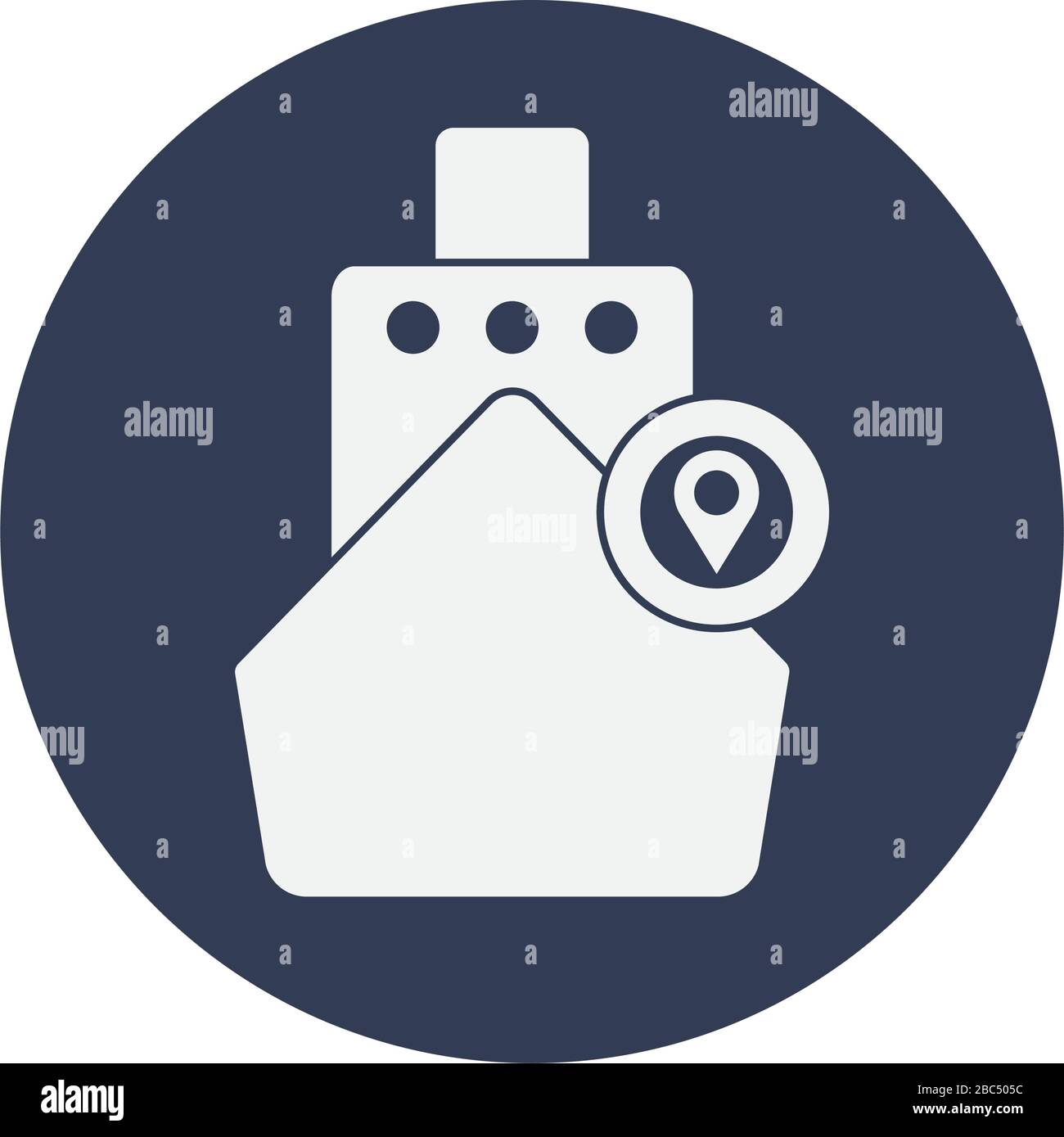 big ship with location pin icon over white background, block style ...