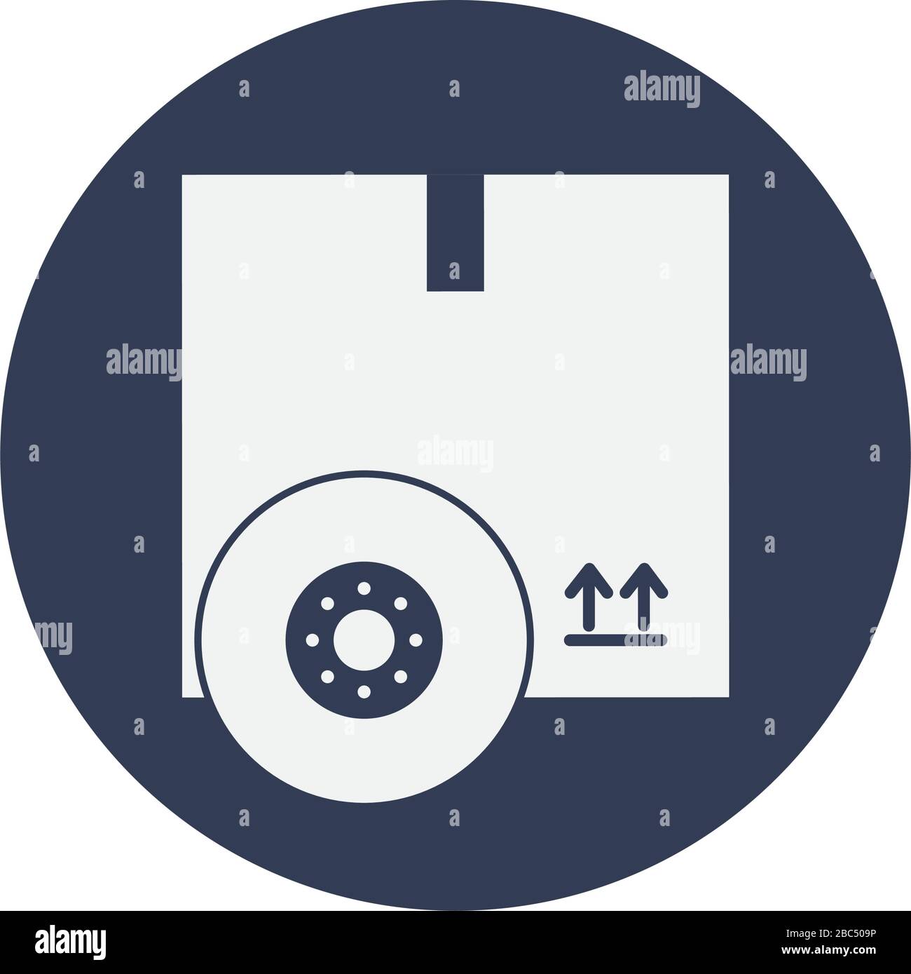 package box and wheel car icon over white background, block style ...