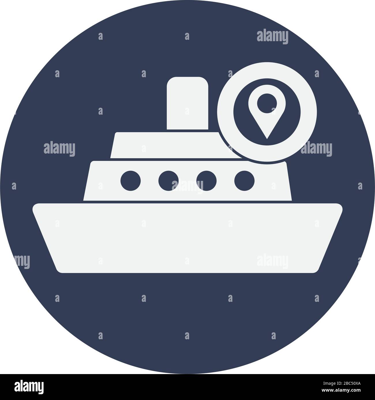 cargo ship and location pin icon over white background, block style ...