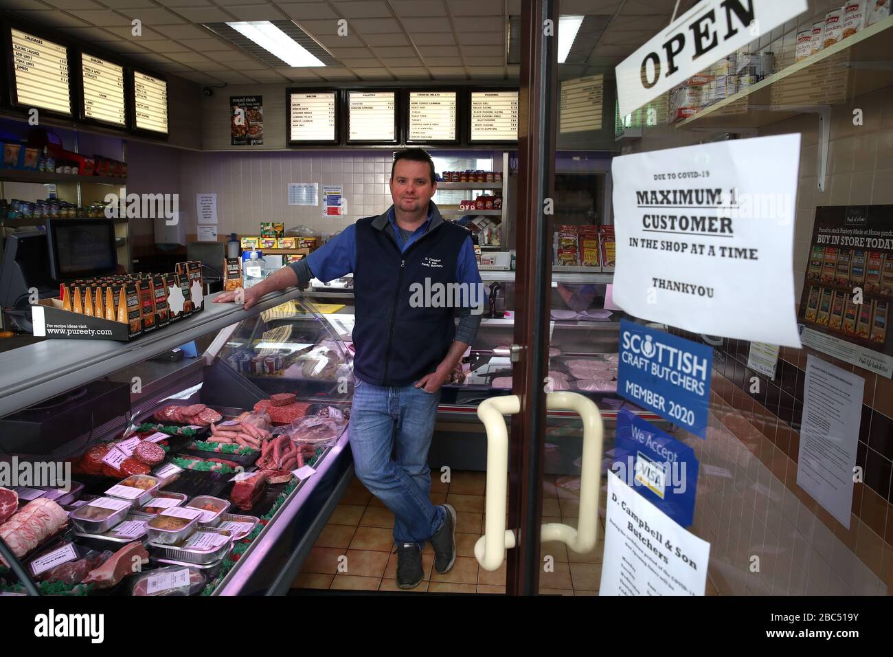 Butcher Colin Campbell in his shop in Callander, Perthshire as the UK ...