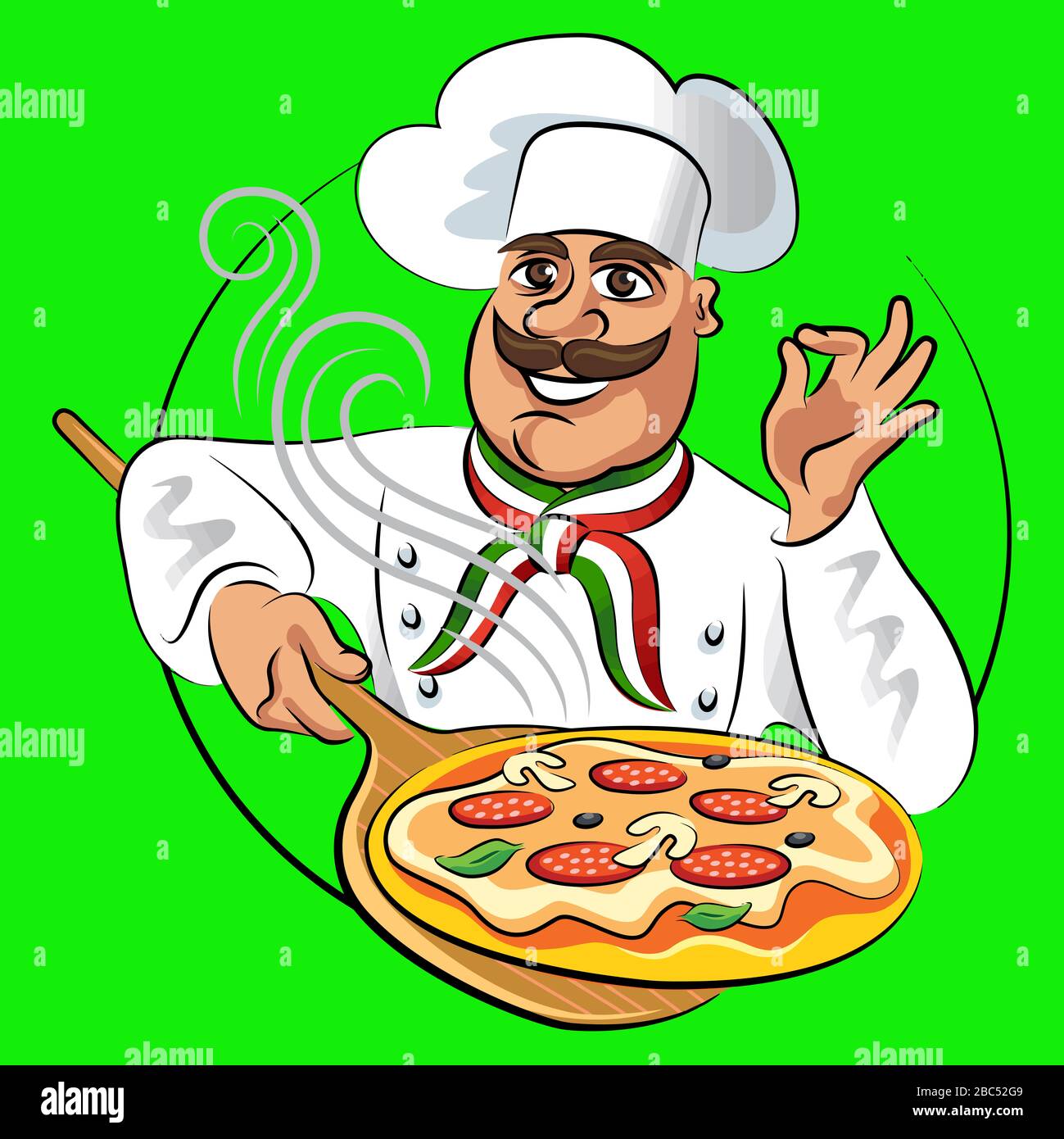 pizza chef hot italian style baked green background illustration Stock ...