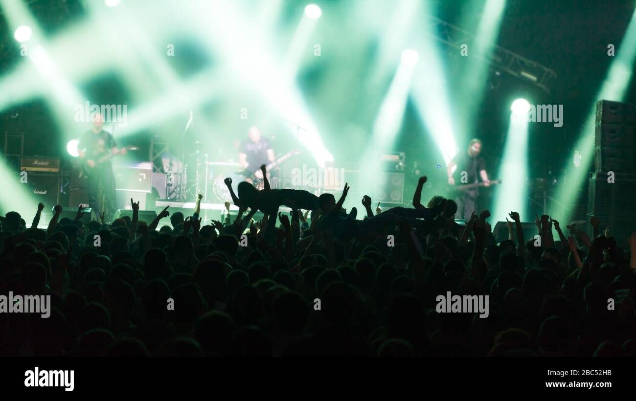 Stage lights on concert. Lighting equipment with multi-colored beams ...
