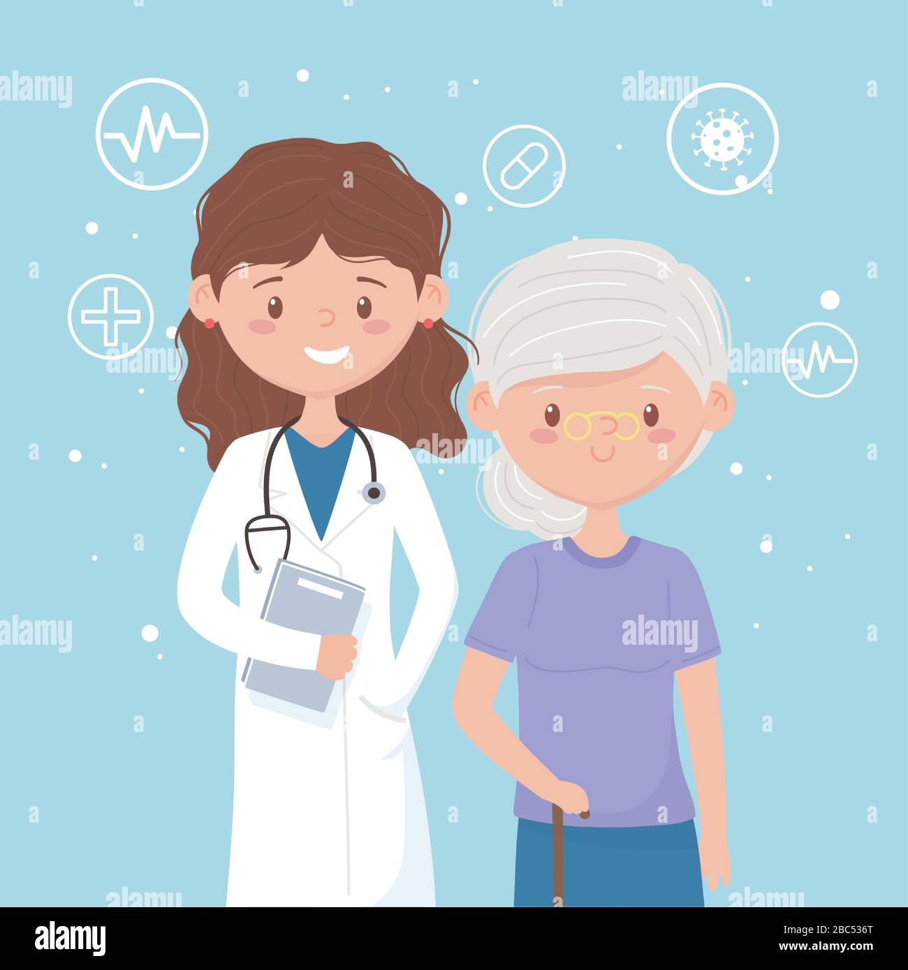 female physician with book and patient old woman medical staff ...