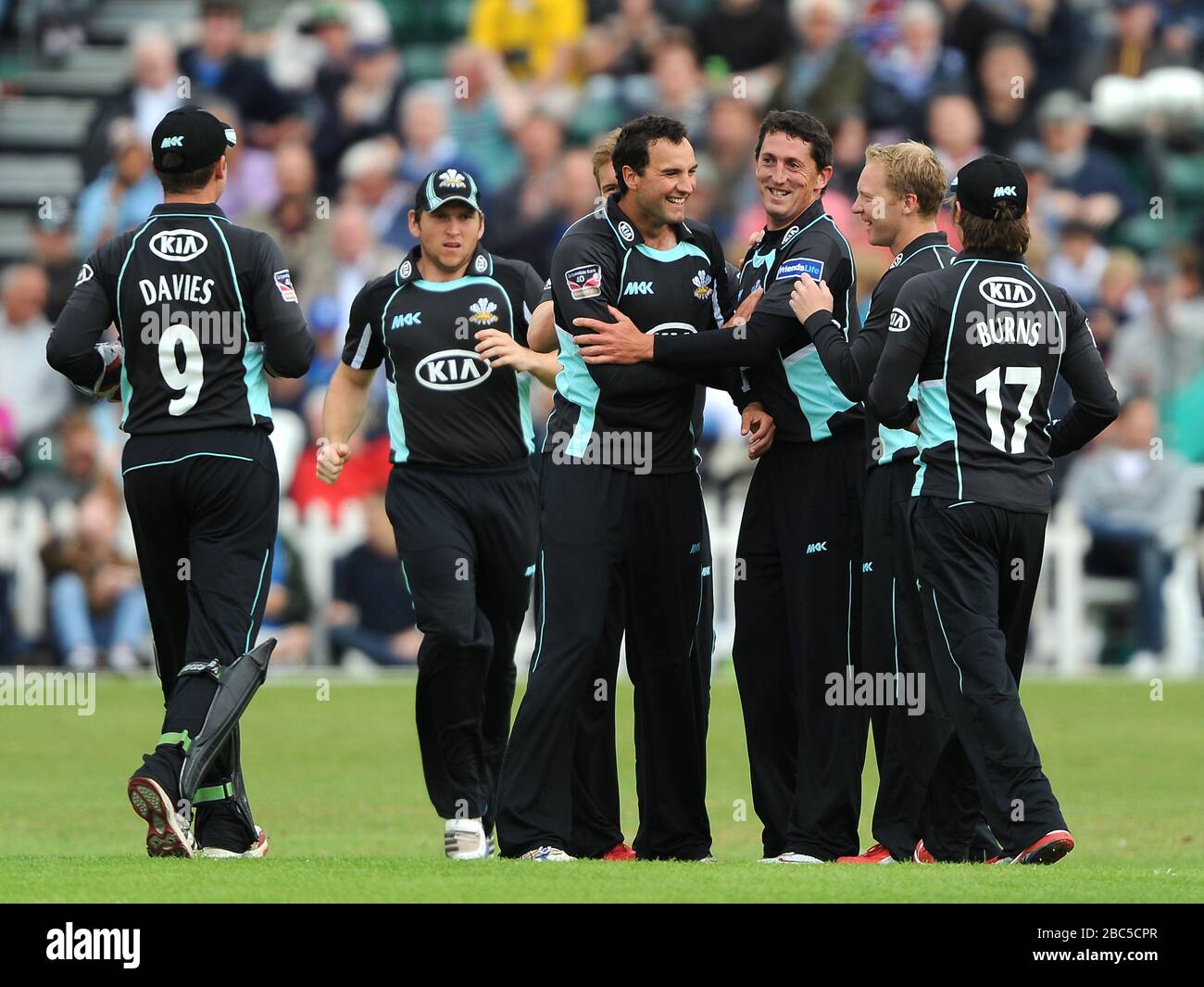 Surrey Lions' Mattew Spriegel (centre) celebrates a catch from the ...