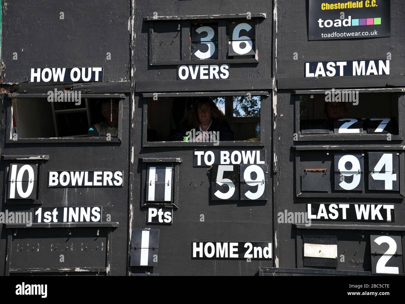 An old fashioned scoreboard in operation at Queens Park Chesterfield ...
