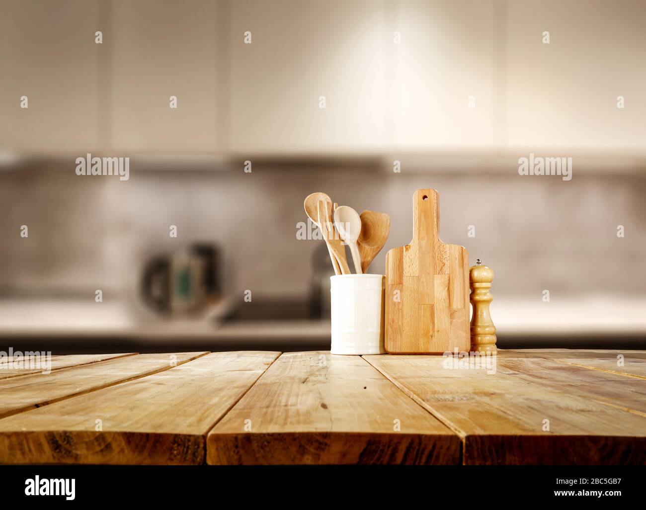 Kitchen interior and wooden table background with copy space for food ...