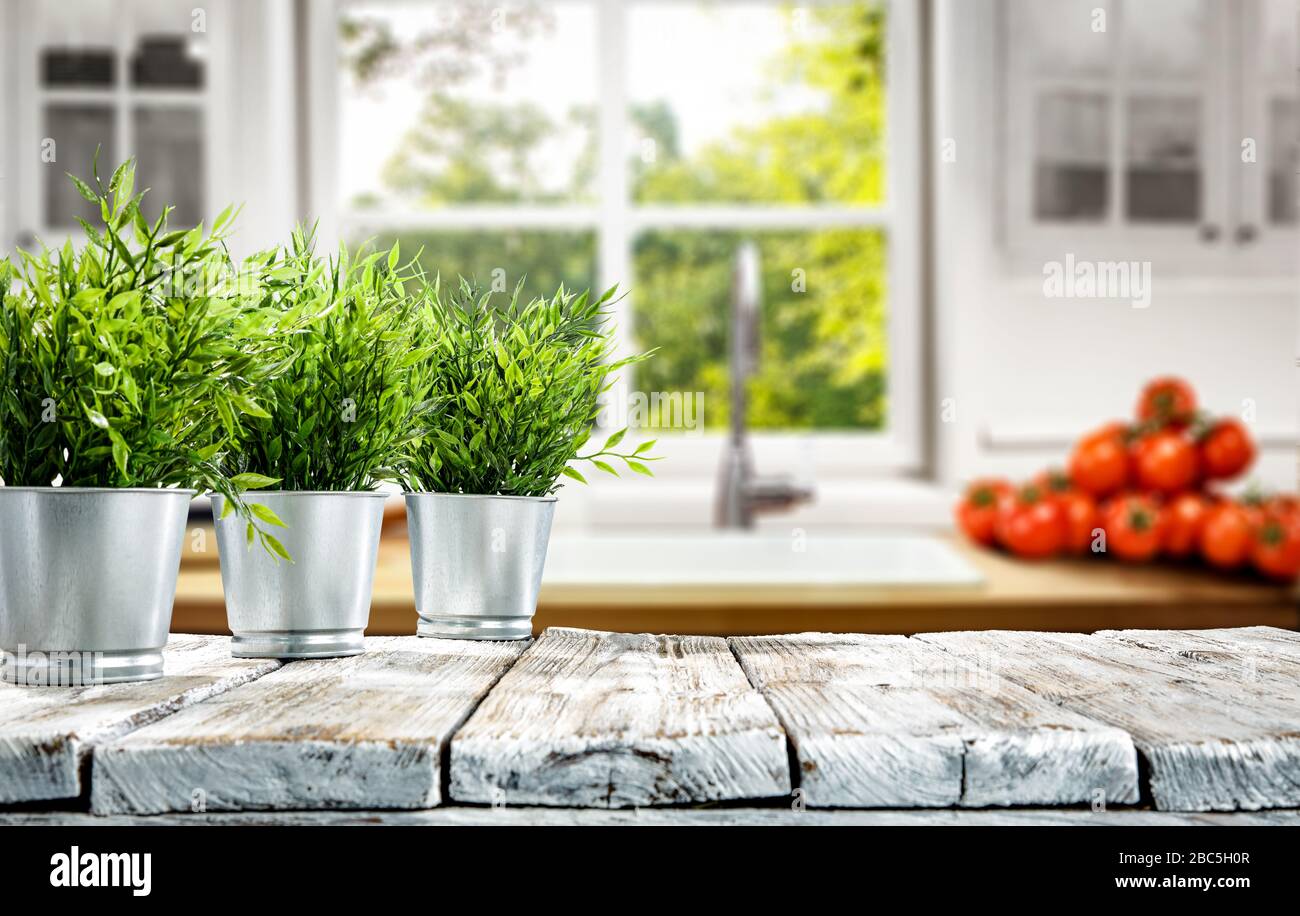 Kitchen interior and wooden table background with copy space for food ...