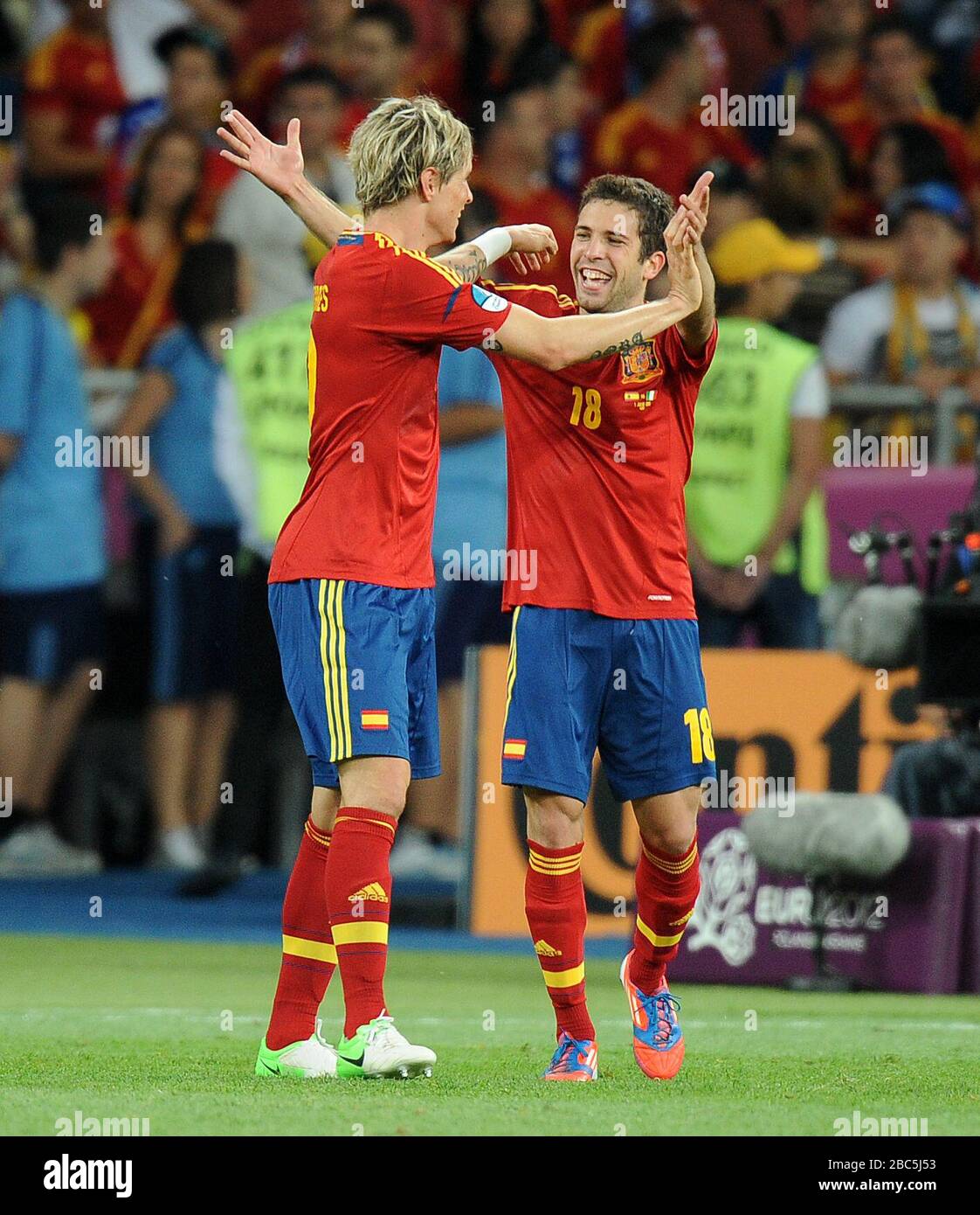 Spain's Fernando Torres celebrates scoring their third goal with Jordi ...