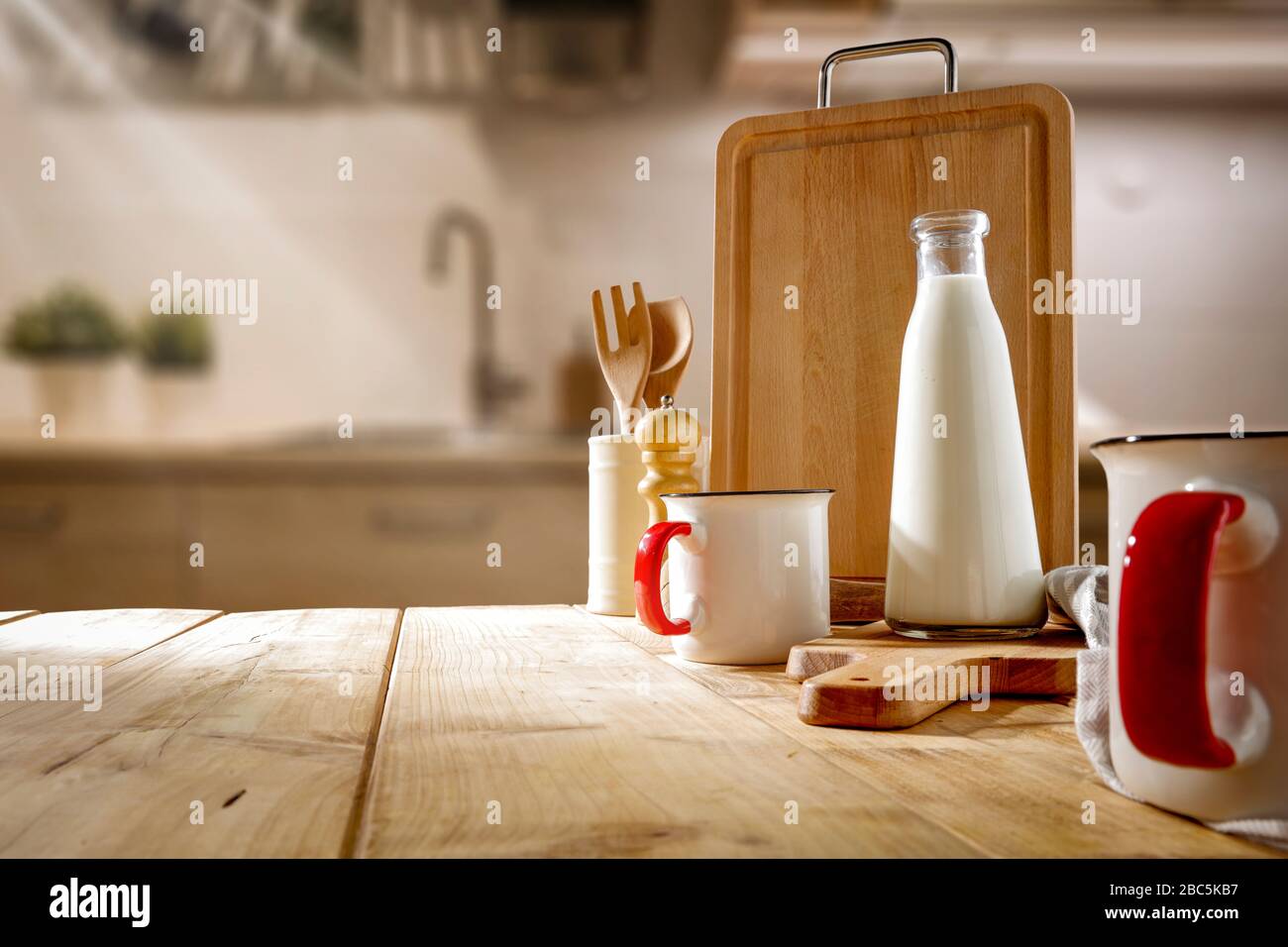 Kitchen interior and wooden table background with copy space for food ...