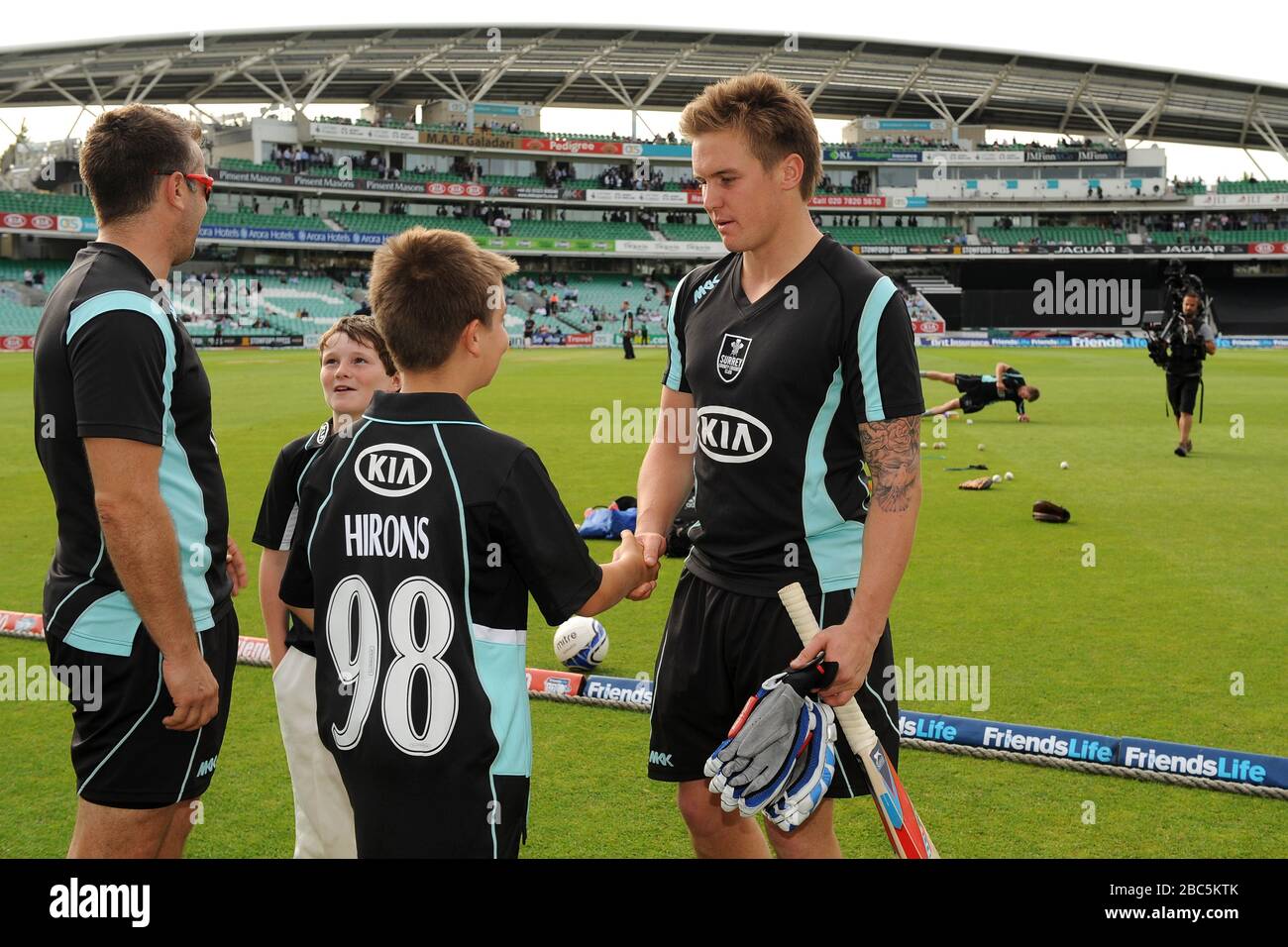 Surrey Lions' Jason Roy meets the Surrey matchday mascots before the ...