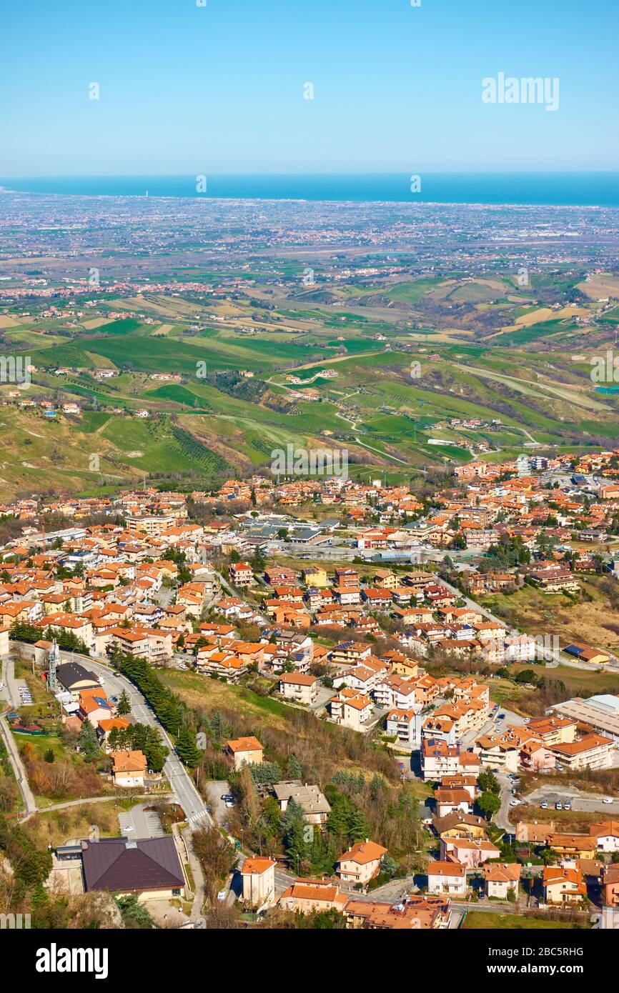 Roofs of Borgo Maggiore in San Marino and valley of Emilia-Romagna in ...