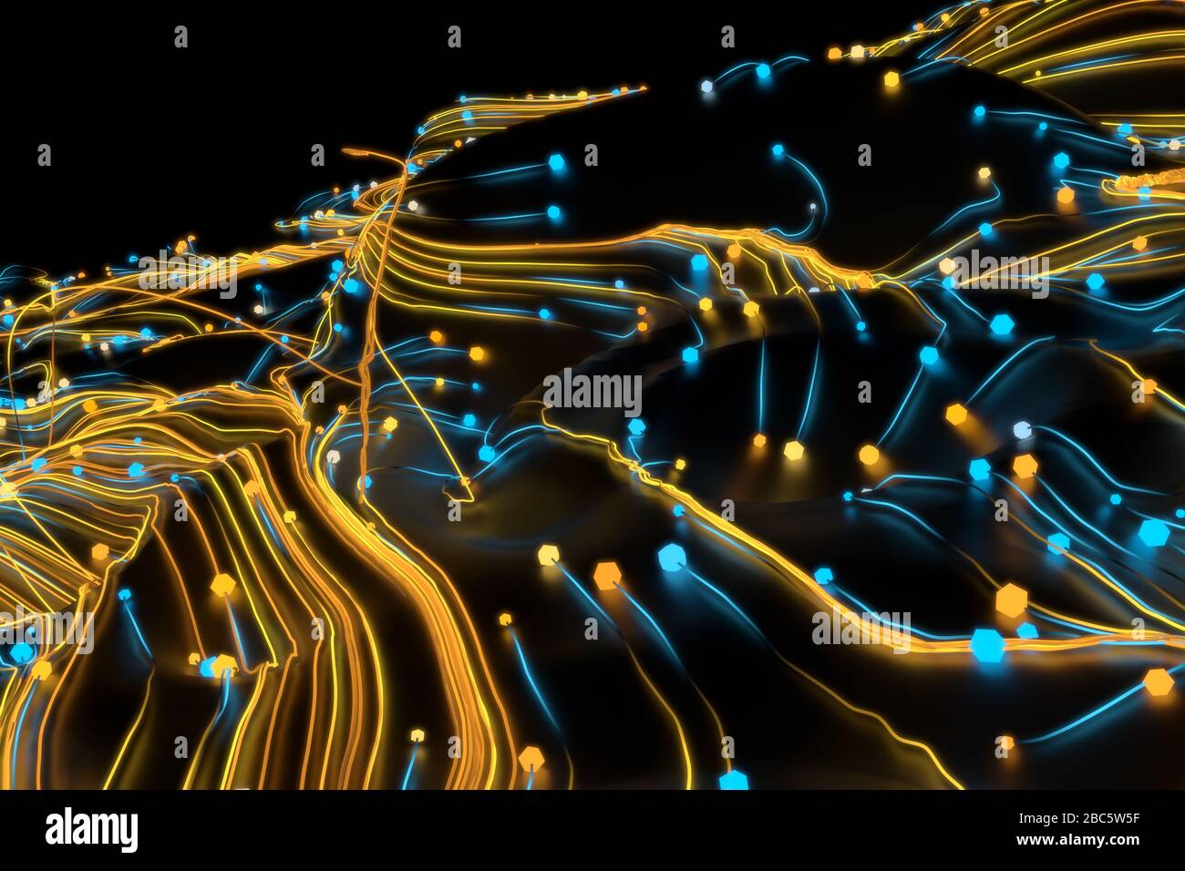 Neon glowing twisted cosmic lines on the glossy surface. Turbulence ...