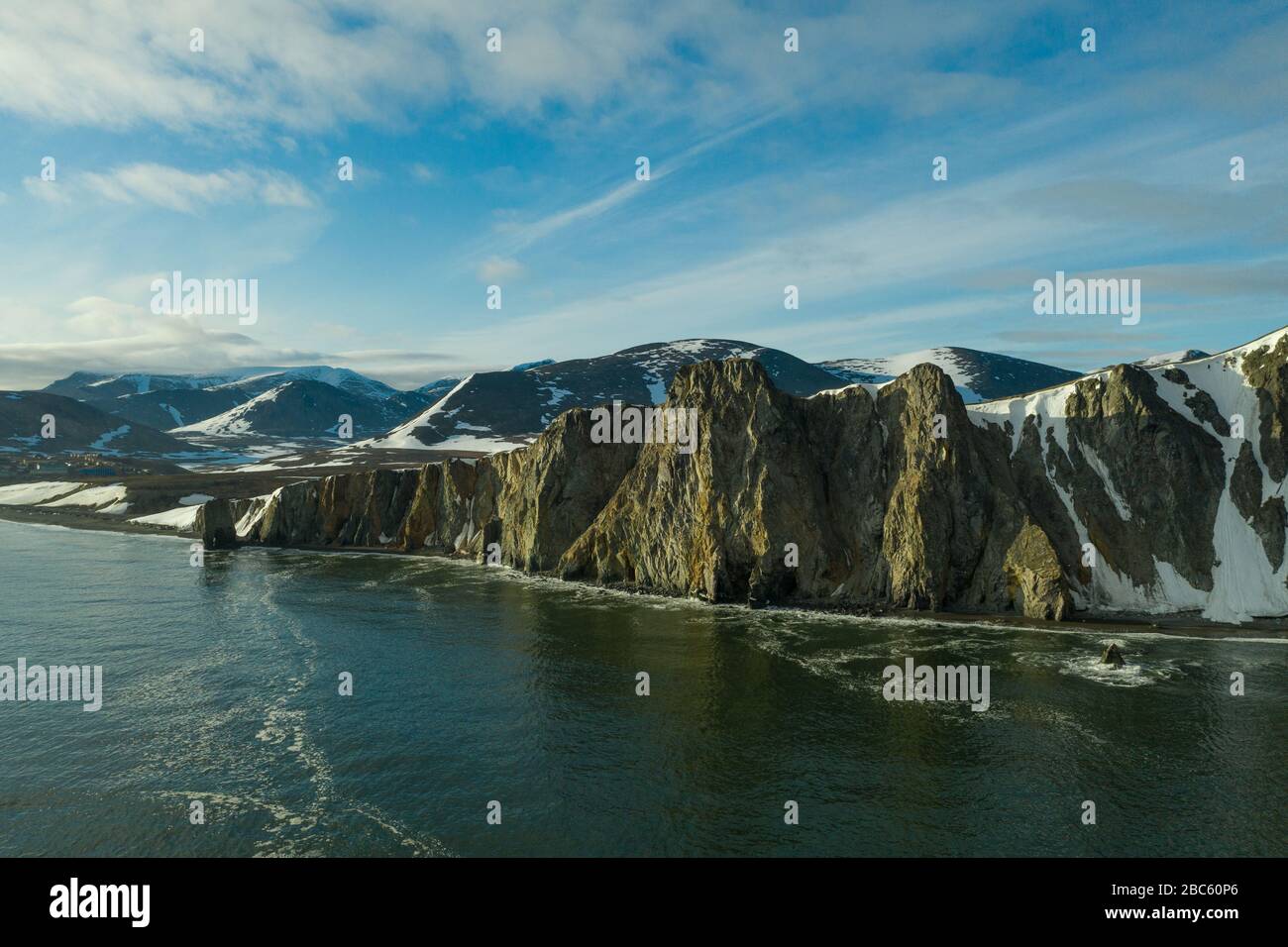 The top view on the northwest rocky coast of the Bering Sea, the ...