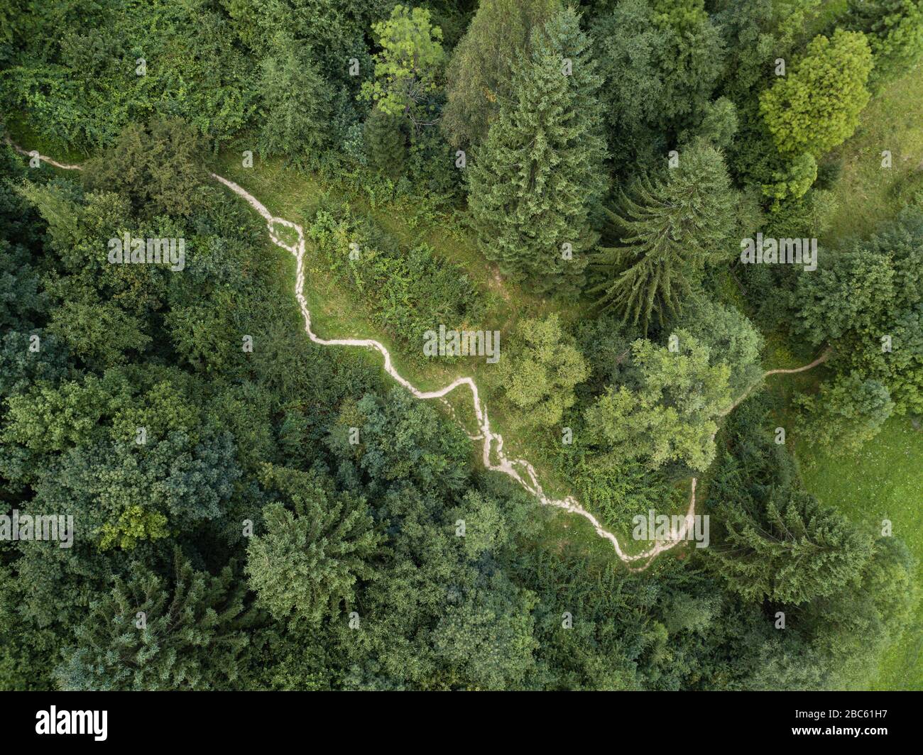 Spectacular aerial view to dirt track road with moutains and forest ...