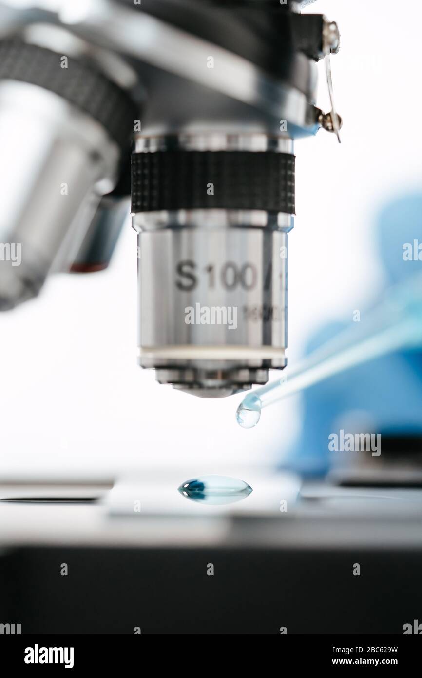drop of light blue liquid on glass slide under modern microscope and ...