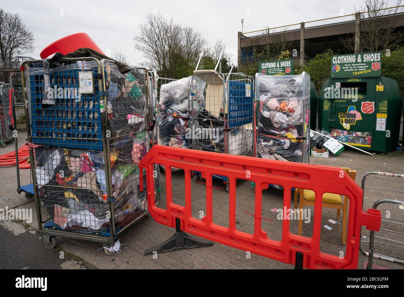 Rubbish stacked high by a reCycling point at Tesco Extra in Wembley as ...