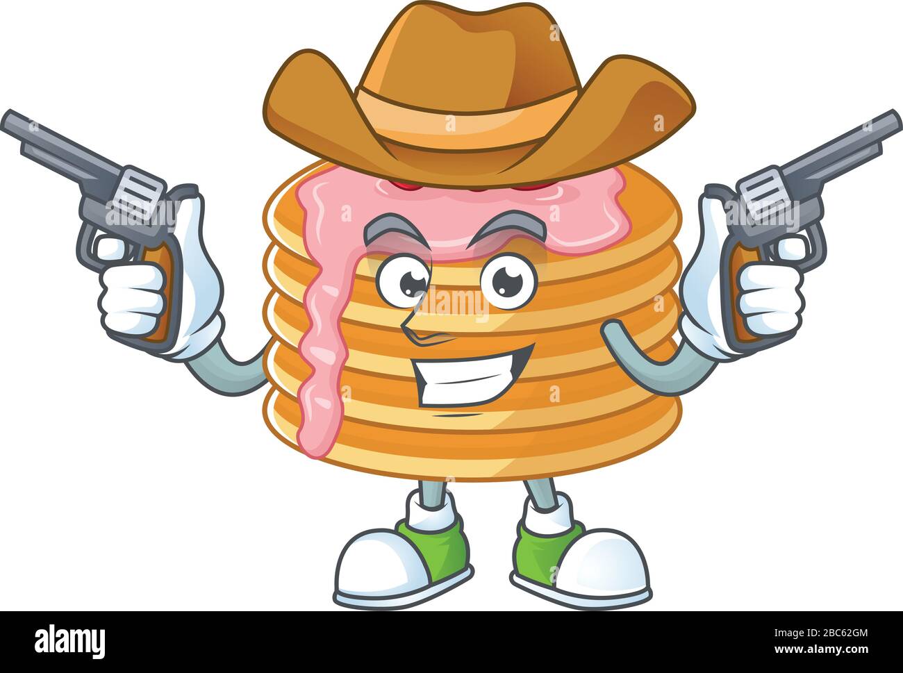 A cowboy cartoon character of strawberry cream pancake holding guns ...
