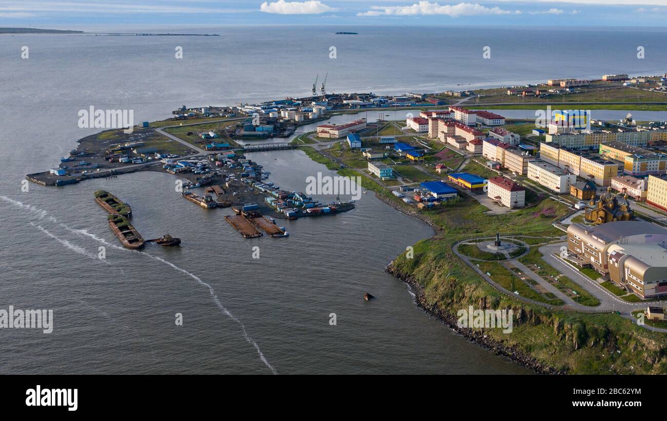 Anadyr, Russia - July 23, 2019: View of the city and Anadyr port from ...
