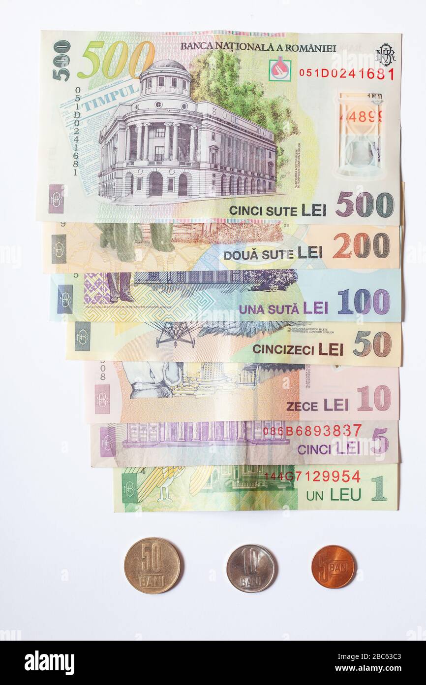 Romanian New Leu banknotes and coins isolated on white Stock Photo - Alamy