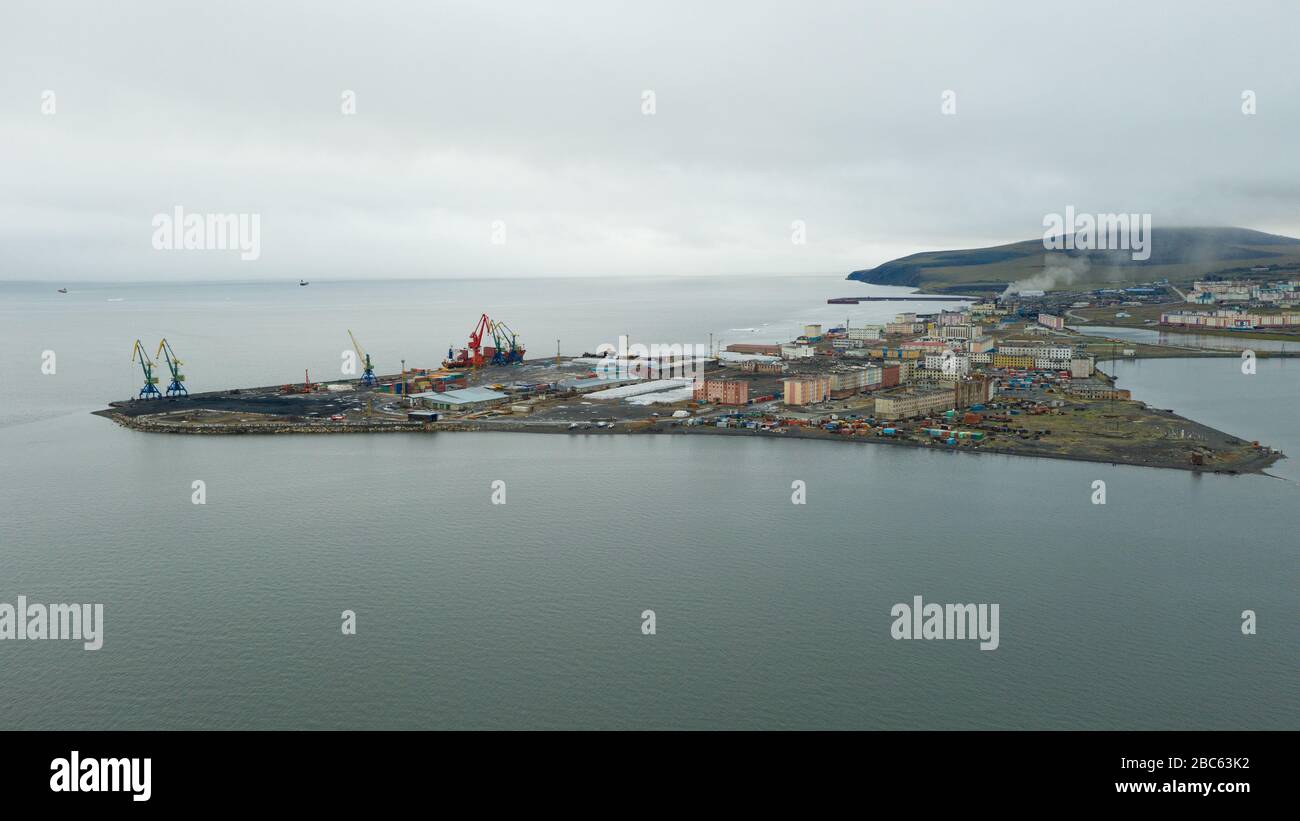 Pevek, Russia - August 2, 2019: View of residential quarters and ...
