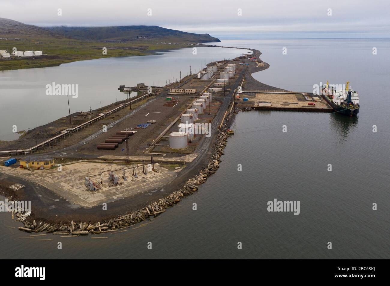 Pevek, Russia - August 2, 2019: The Chukotka+ tanker at the sea mooring ...