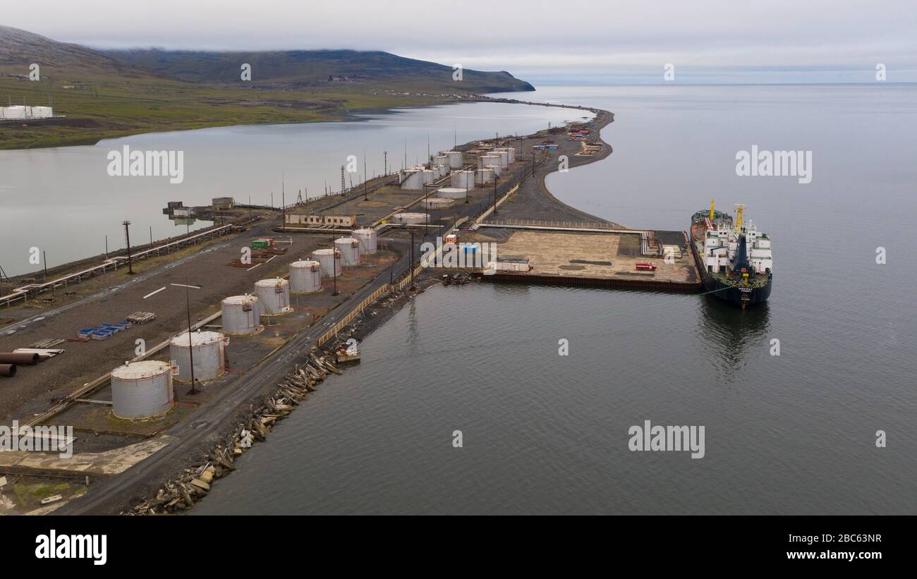 Pevek, Russia - August 2, 2019: The Chukotka+ tanker at the sea mooring ...