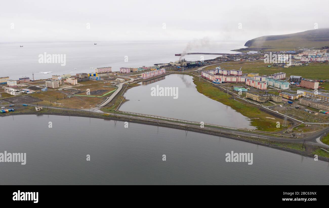 Pevek, Russia - August 2, 2019: View of residential quarters and ...