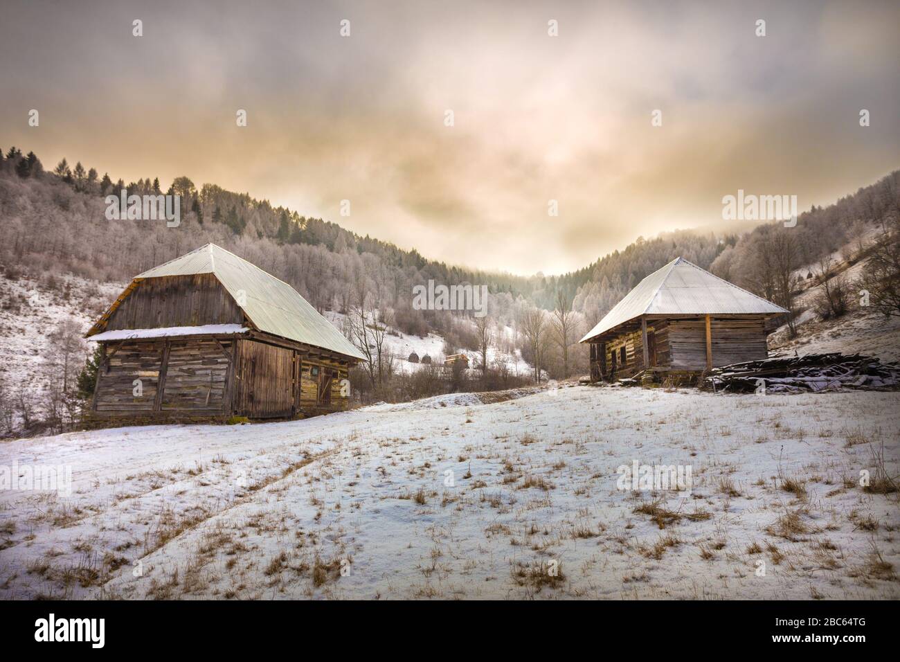 Rural landscape, winter mountain cabin, simple and peaceful lifestyle ...