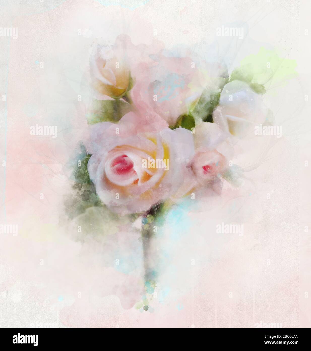 Romantic background with lovely pink roses in digital watercolor style ...