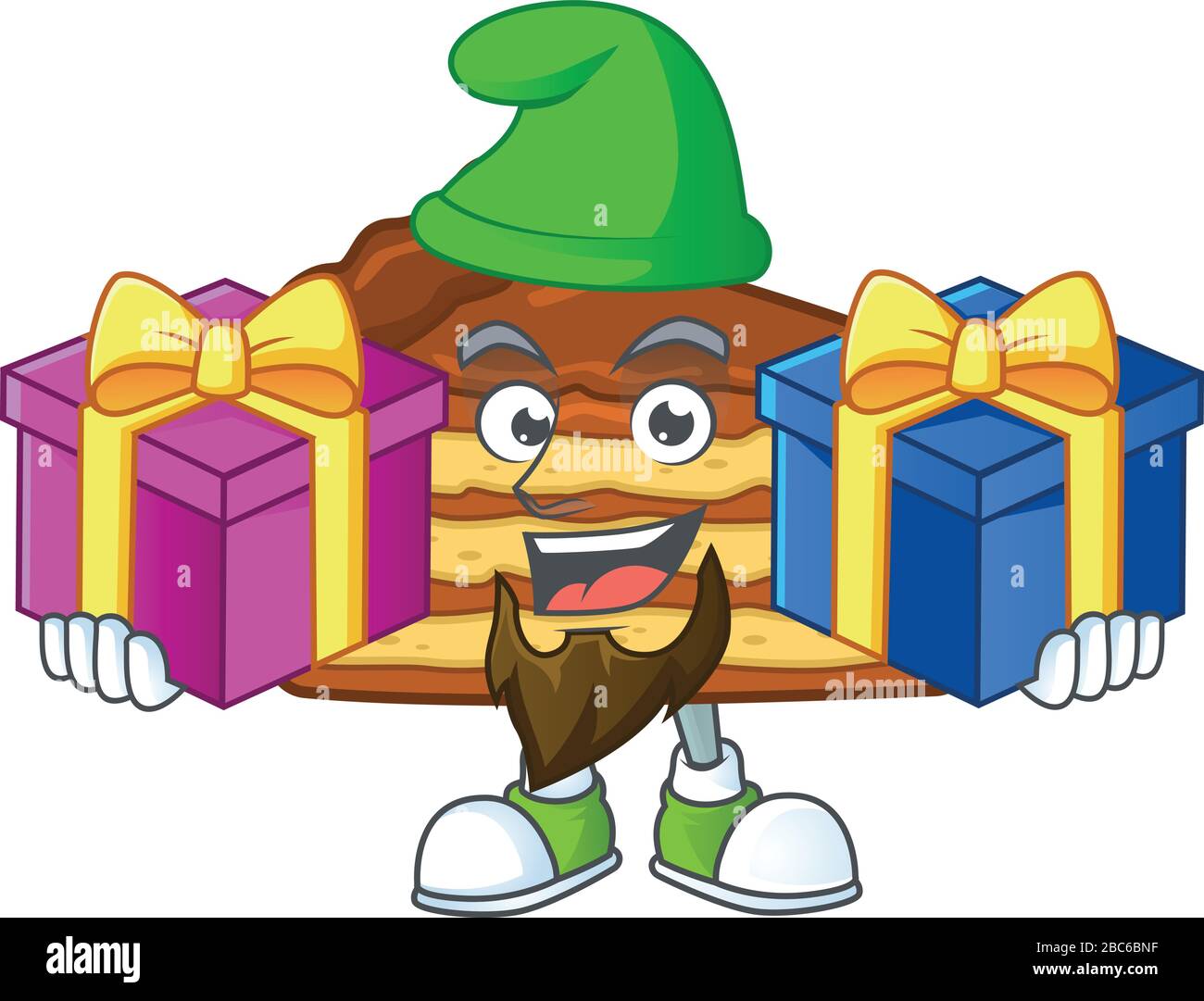 A smiling chocolate slice cake cartoon design having Christmas gifts ...