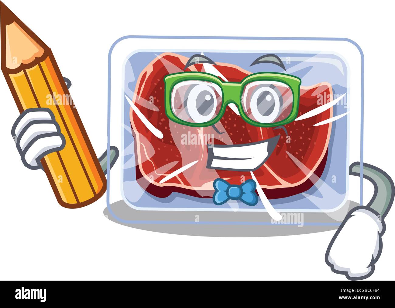A brainy student frozen beef cartoon character with pencil and glasses ...