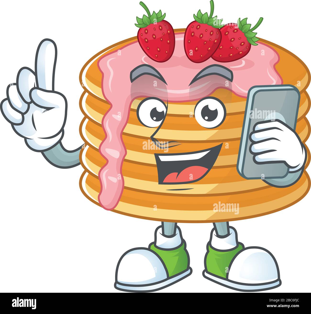 Cartoon design concept of strawberry cream pancake talking on phone ...