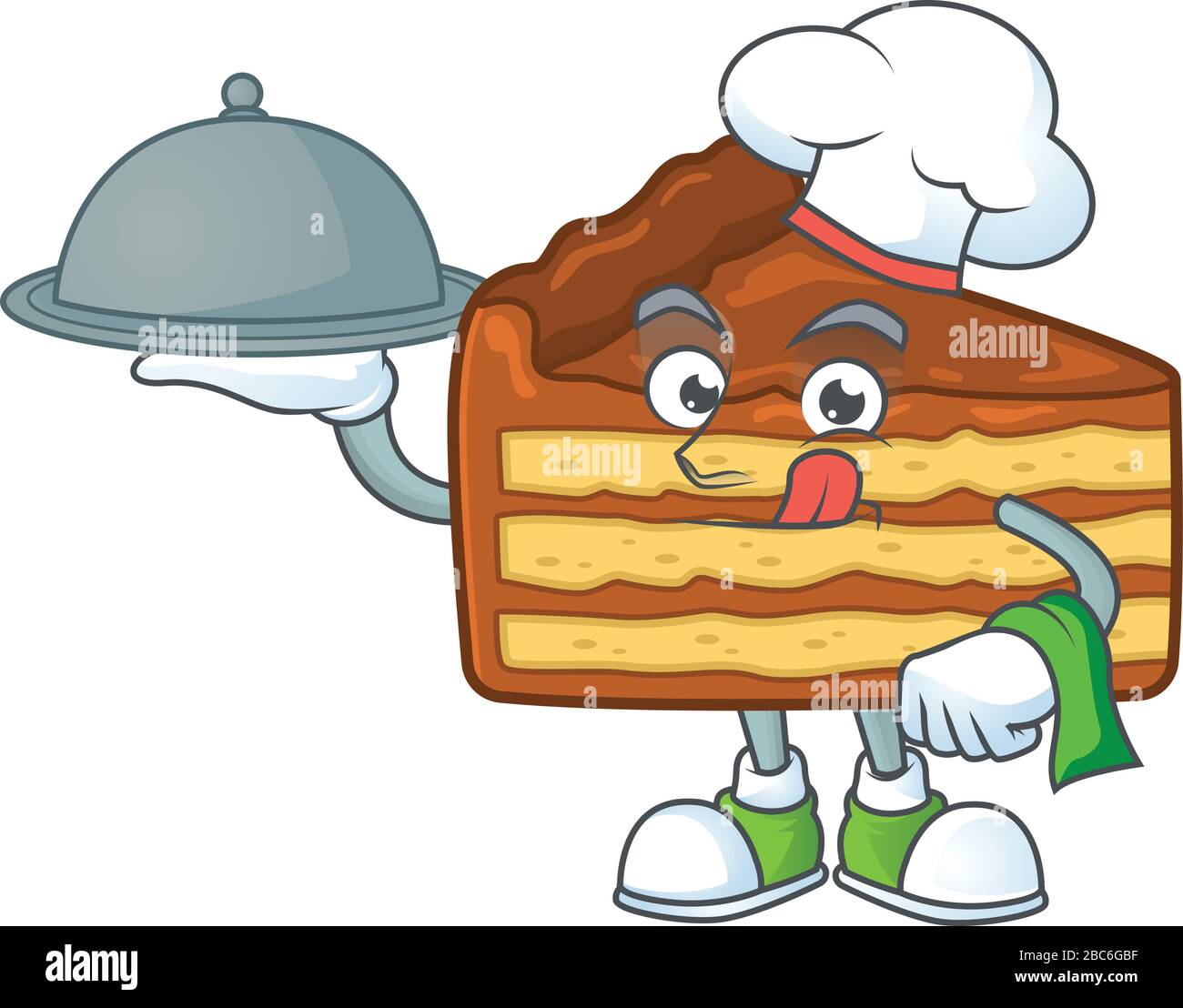 A chocolate slice cake chef cartoon design with hat and tray Stock ...