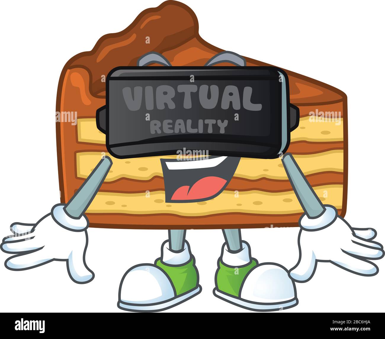 A cartoon mascot of chocolate slice cake enjoying game with Virtual ...