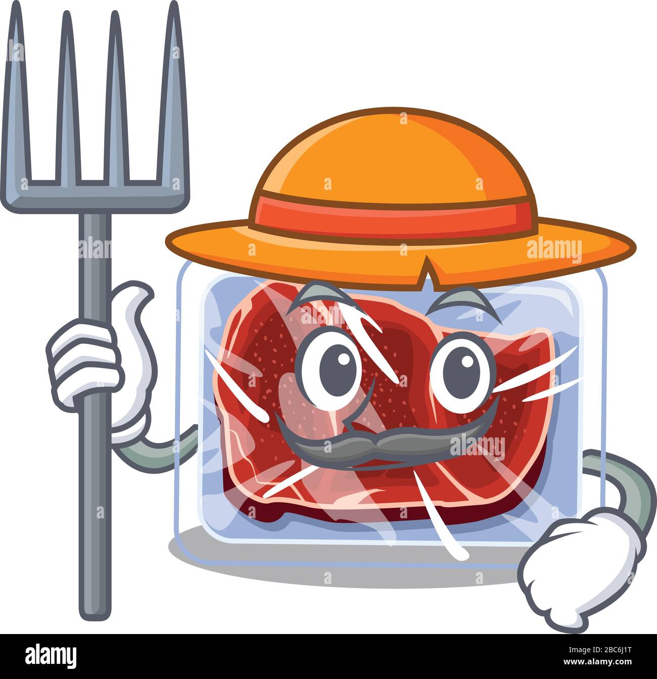 Cartoon character design of frozen beef as a Farmer with hat and ...
