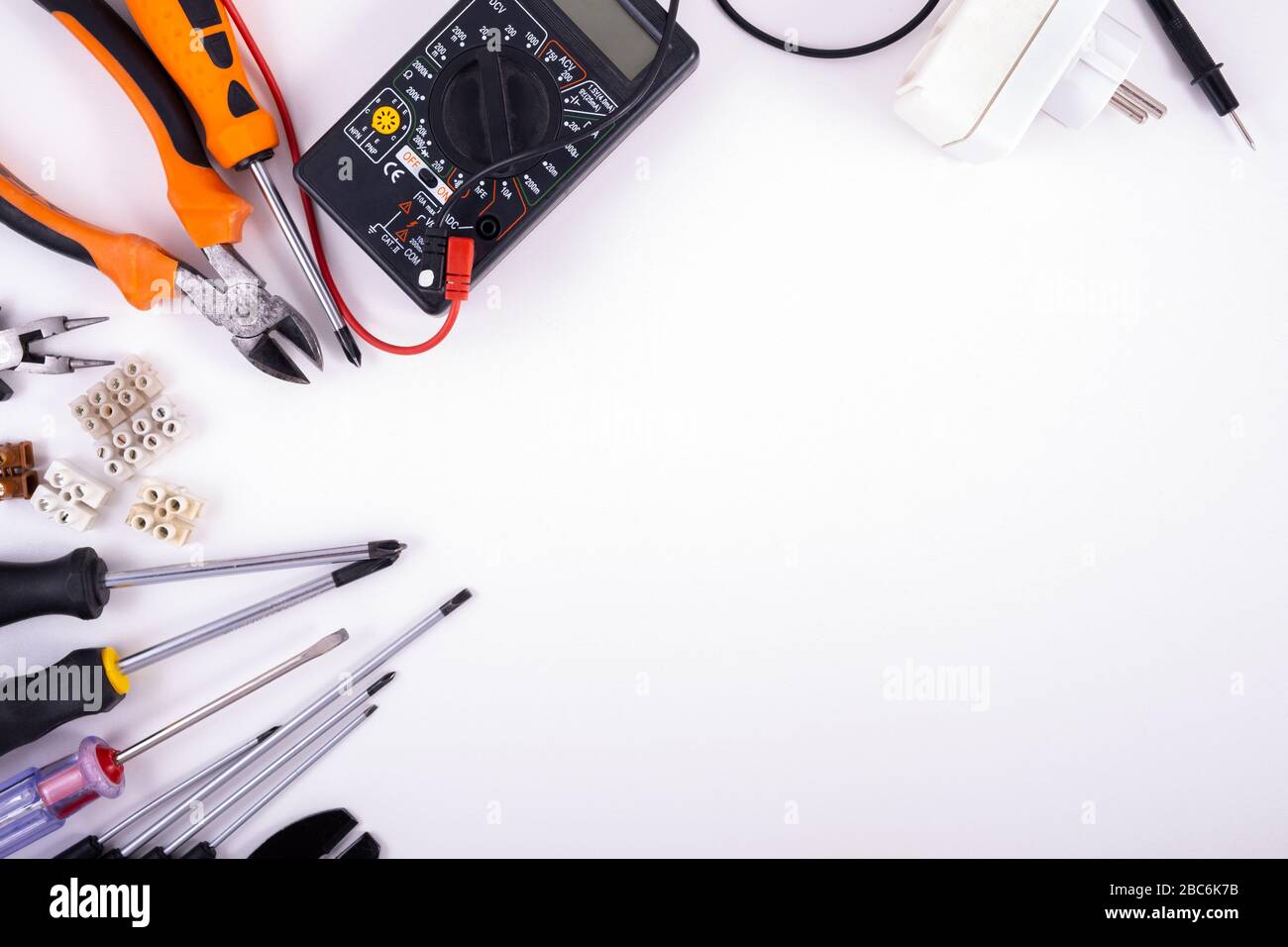 Electrician equipment. Top view. Close up of work tools and components ...