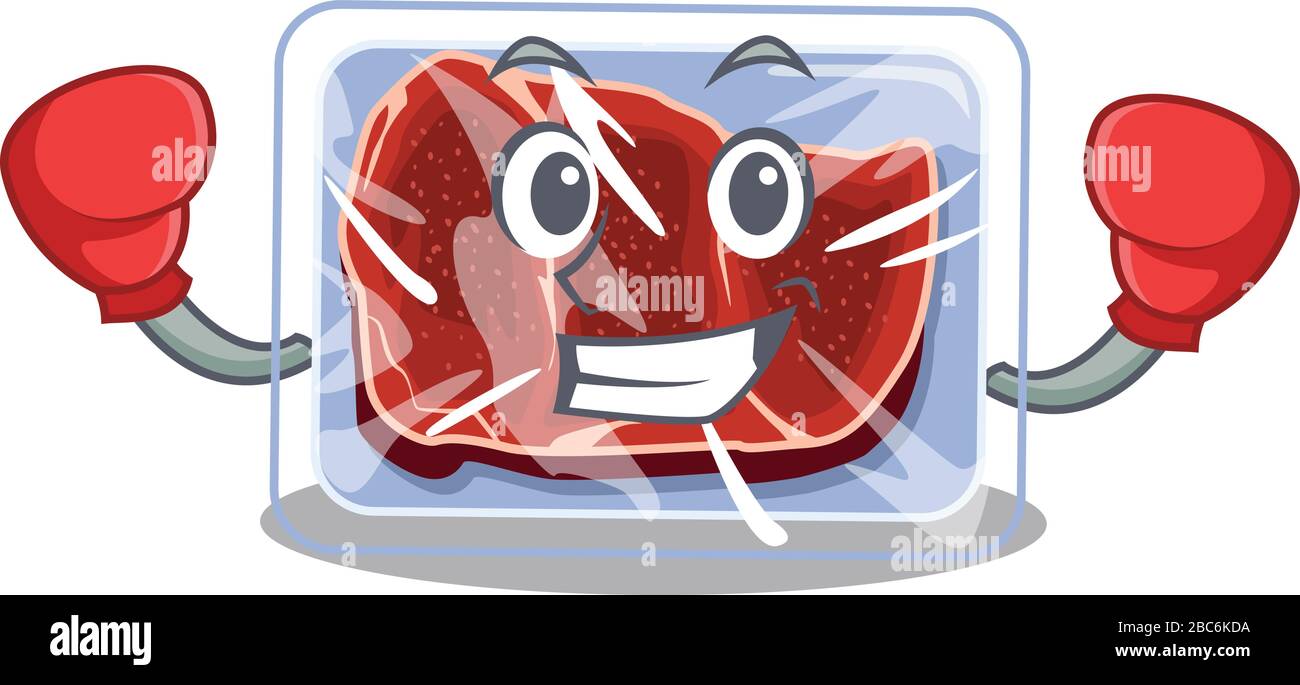A sporty boxing athlete mascot design of frozen beef with red boxing ...