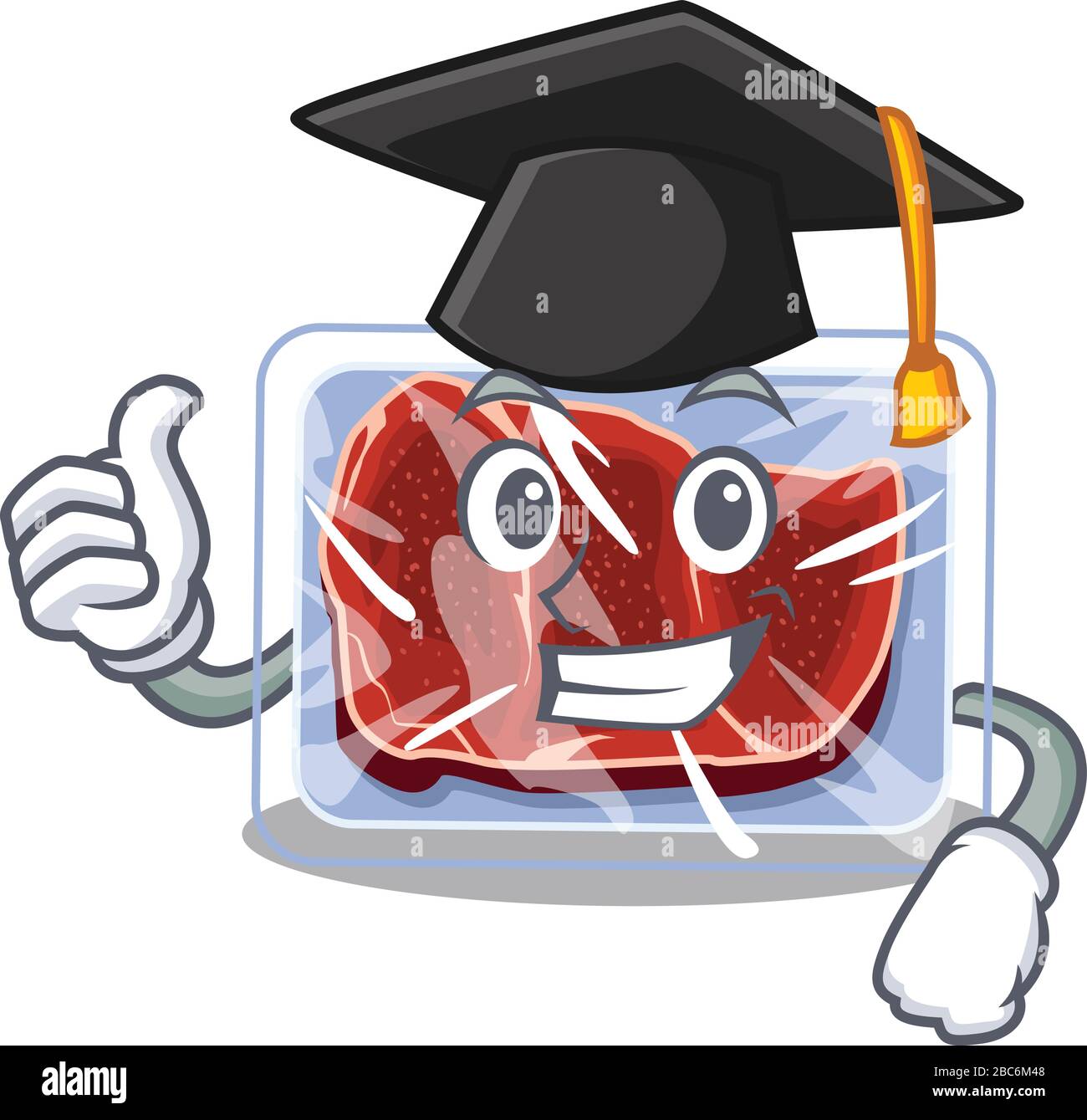 Happy face of frozen beef in black graduation hat for the ceremony ...