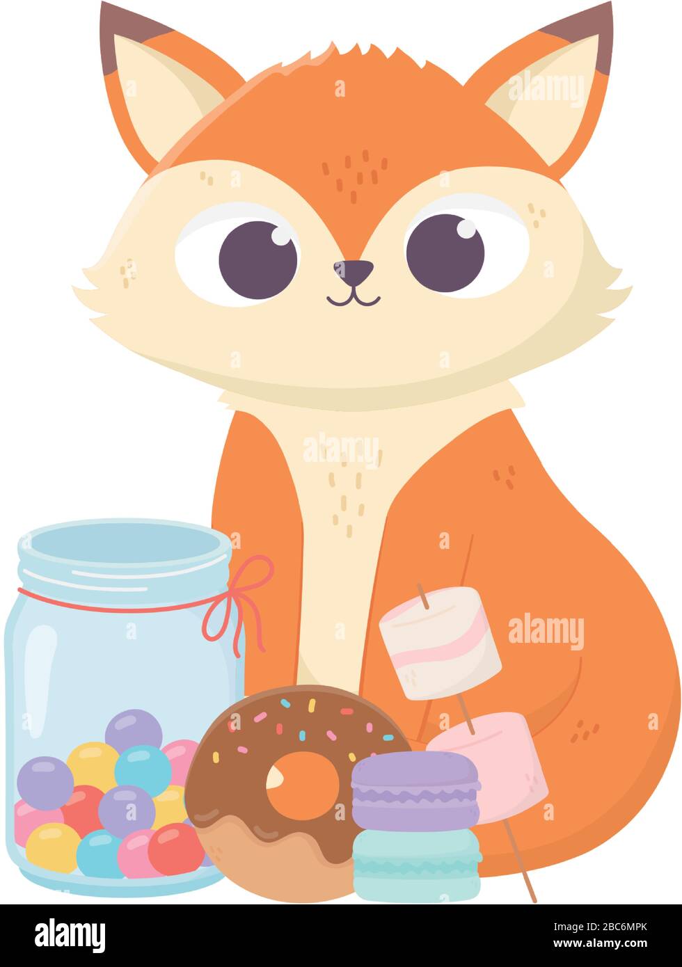 happy day, cute fox with candies donut and biscuits vector illustration ...
