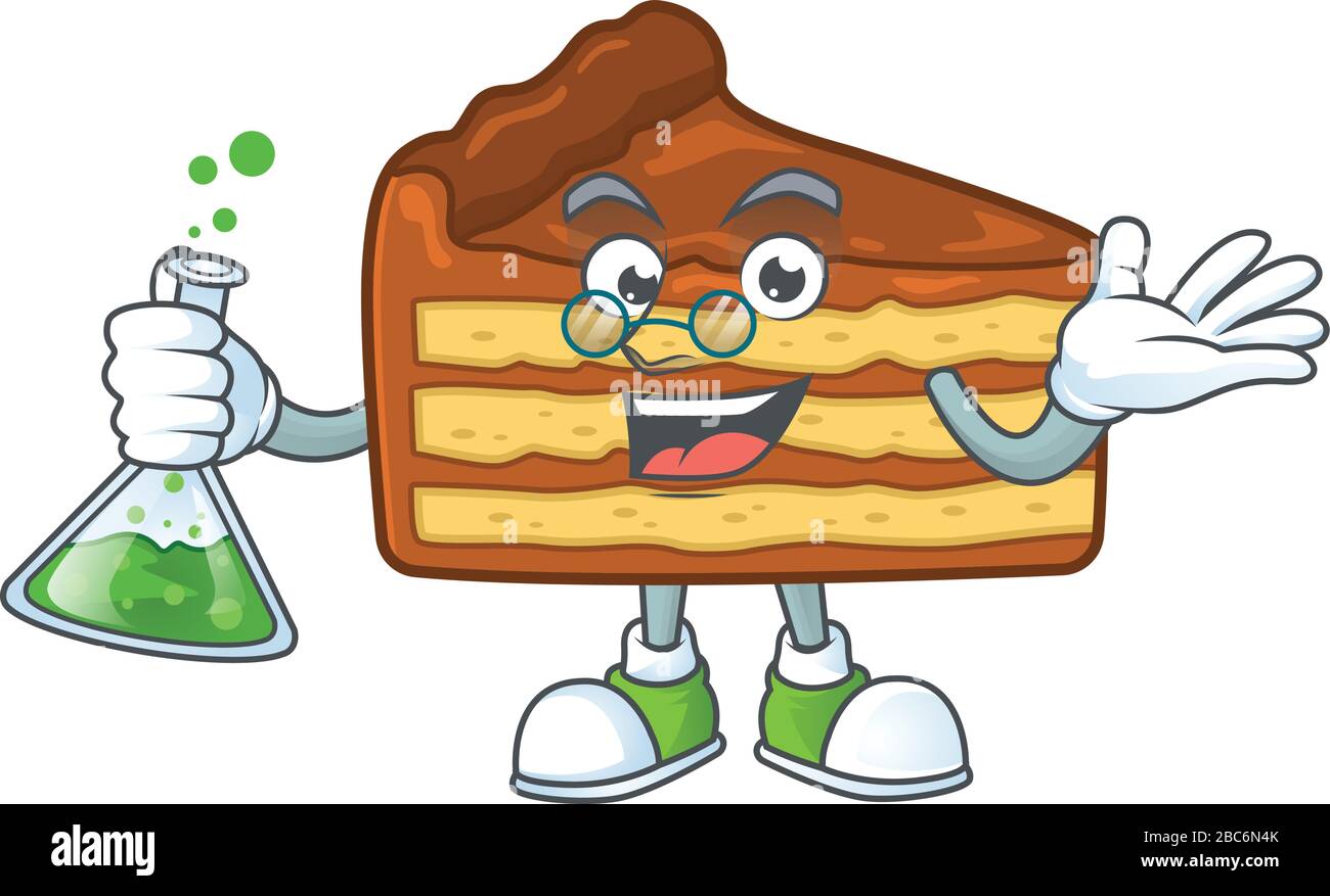 Chocolate slice cake genius Professor Cartoon character holding glass ...