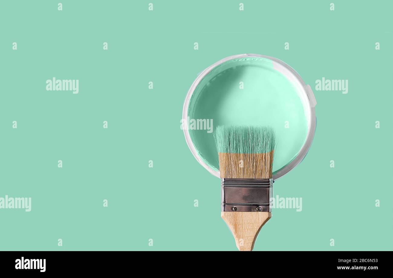 The brush in the paint color of neo mint and the can with paint color ...